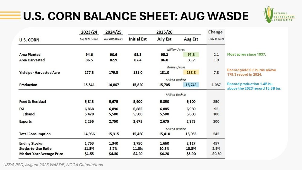 USDA Raises Record Projections for Corn Yield and Production